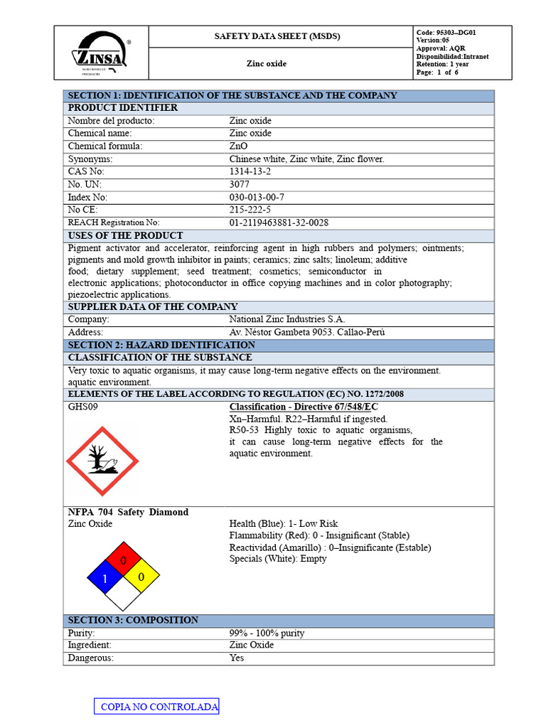 95303-DG01 MSDS Zinc Oxide v5 | PDF | Dangerous Goods | Zinc Oxide