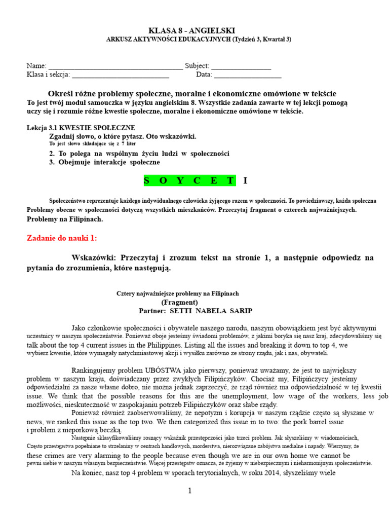 Angielski G8 Las Tydzien 3 Kwartal 3 | PDF