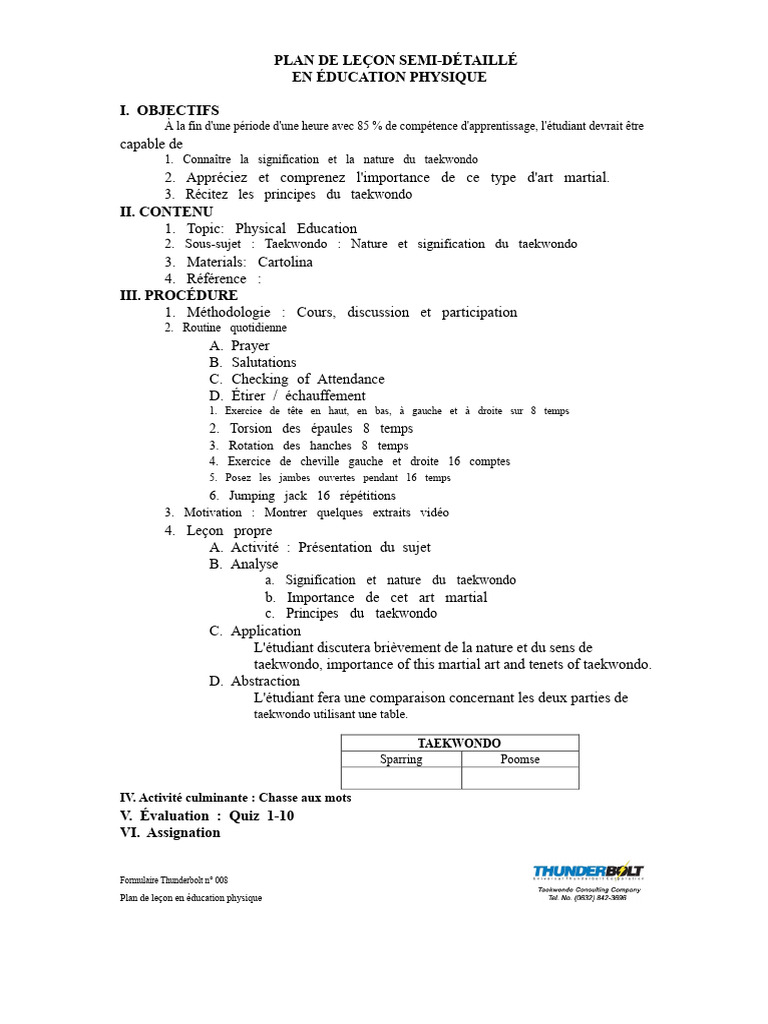 Plan de leçon sur le Taekwondo | PDF