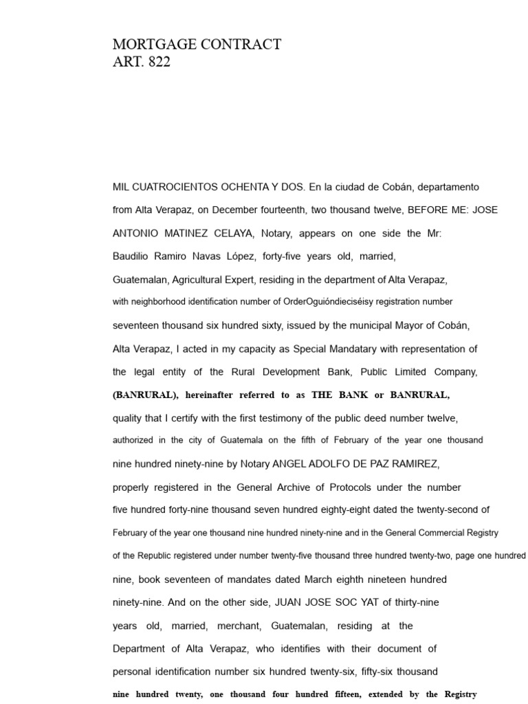 Mortgage Contract for Loan Agreement | PDF | Guarantee | Interest