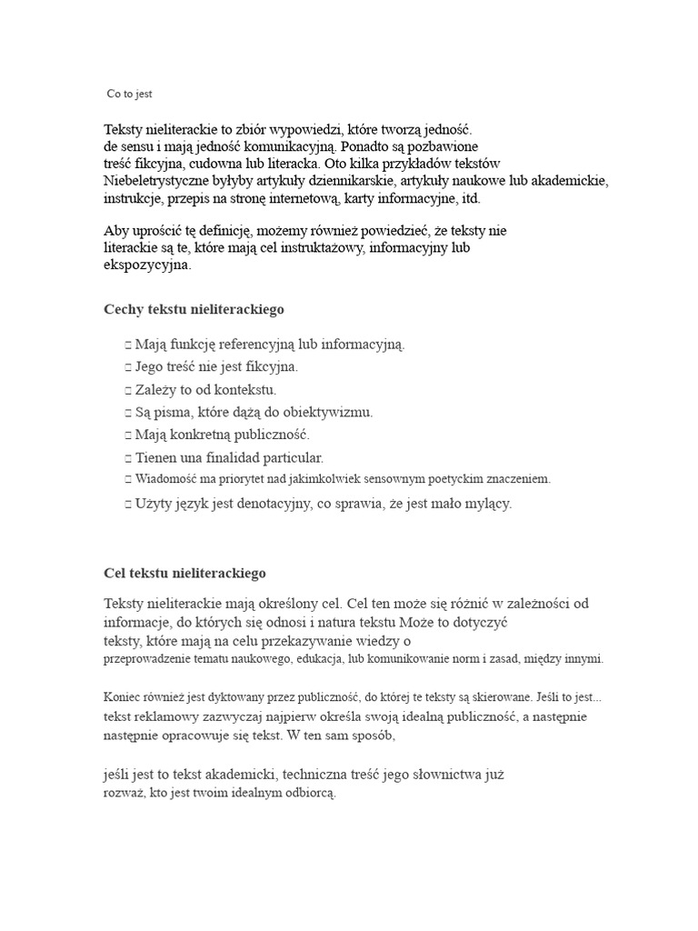 Cechy Tekstu Nieliterackiego | PDF