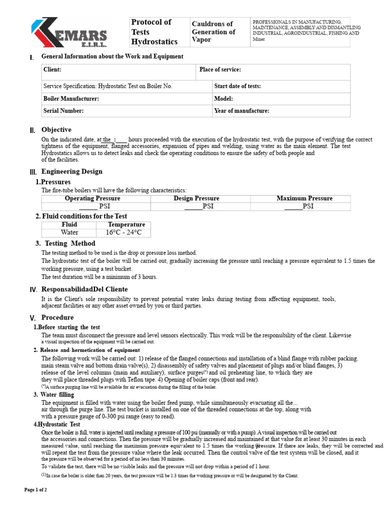 Hydrostatic Testing Protocol for Boilers | PDF | Boiler | Leak