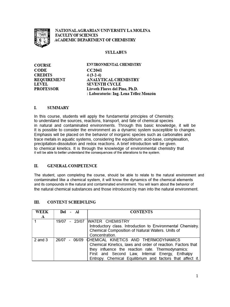 Environmental Chemistry Course Syllabus | PDF | Chemical Reactions ...