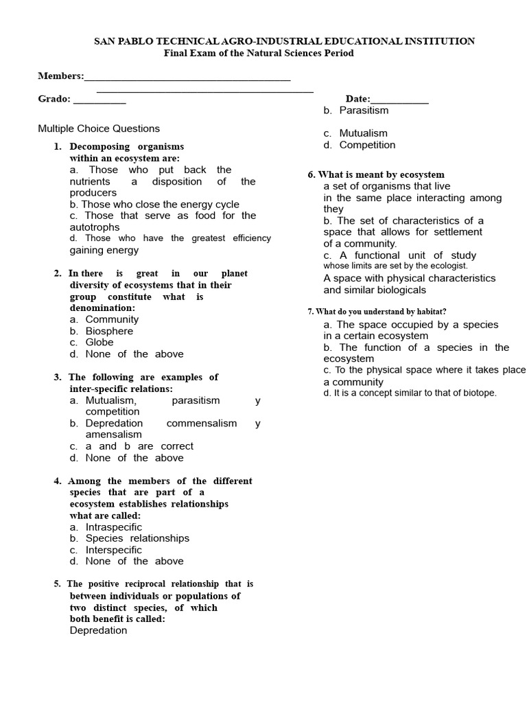 Exam of 7 | PDF | Ecology | Ecosystem