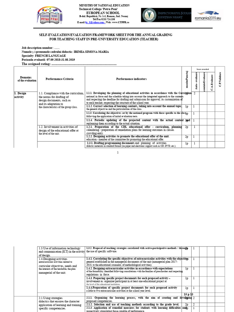 EVALUATION SHEET - Final Annual Grade For Teachers | PDF | Evaluation ...