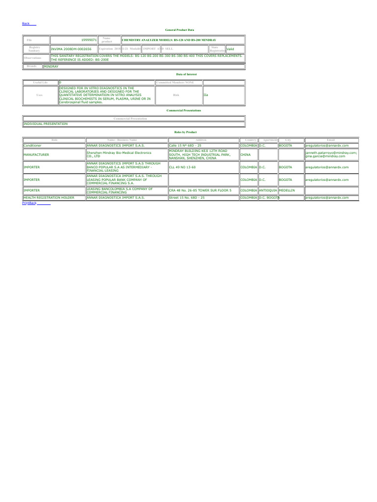 Invima Mindray BS - 120 | PDF | Clinical Medicine | Medicine
