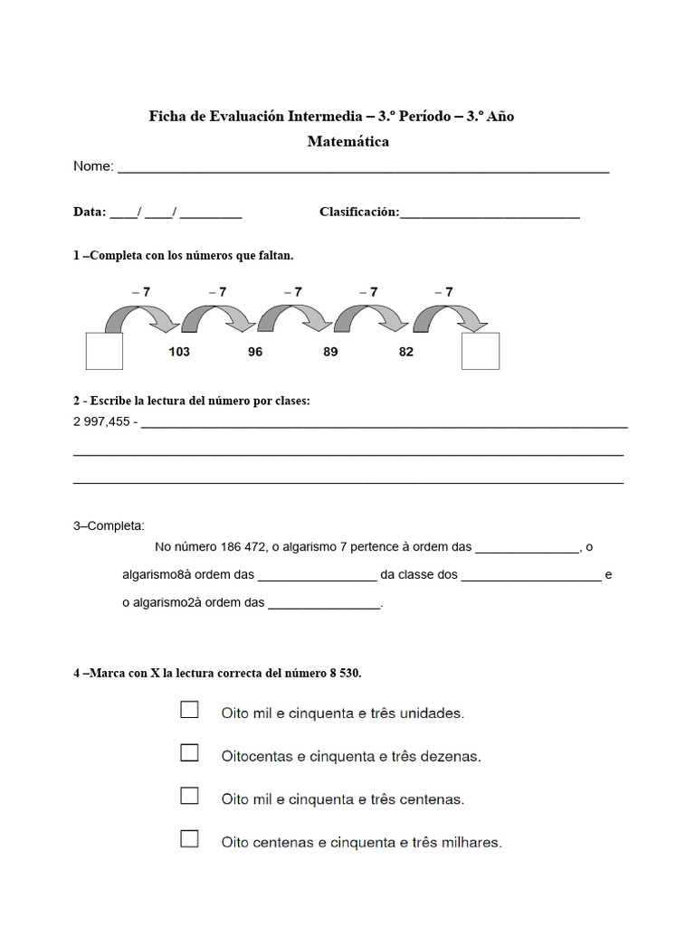 Ficha de Evaluación Intermedia 3er Período - M - 3er Año | PDF ...
