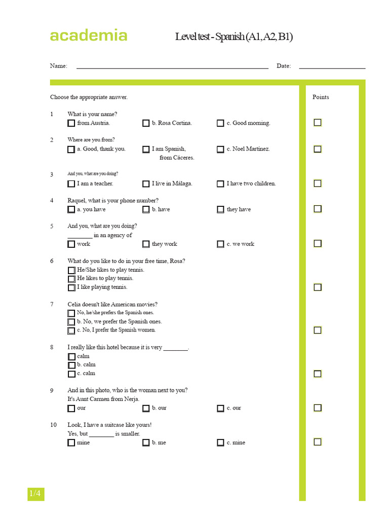 Spanish Level Test A1 - B1 PDF | PDF | Linguistics | Grammar