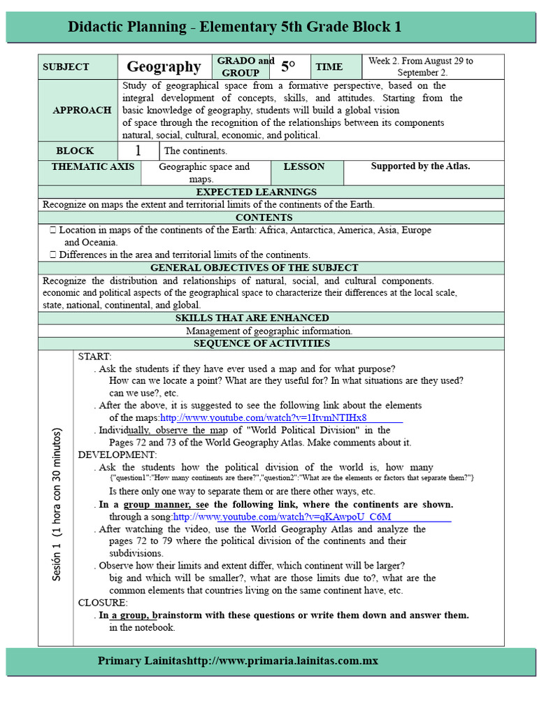 5th Grade Geography Didactic Planning | PDF | Geography | Map