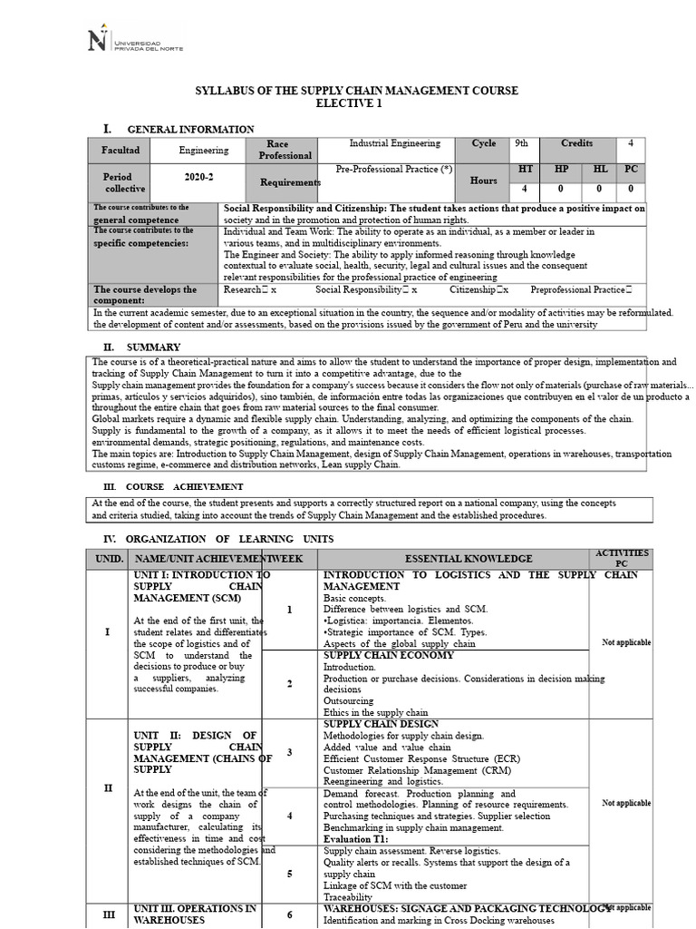 Supply Chain Management Course Syllabus | PDF | Supply Chain Management ...