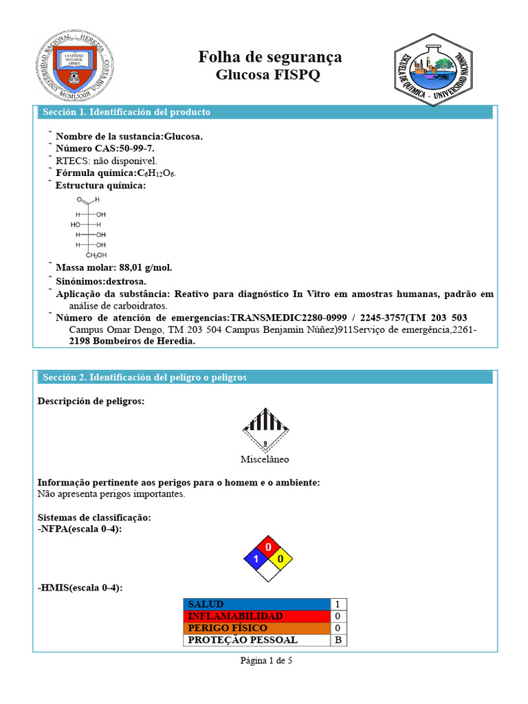 Folha de Segurança da Glucose (CAS 50-99-7) | PDF | Desperdício | Química