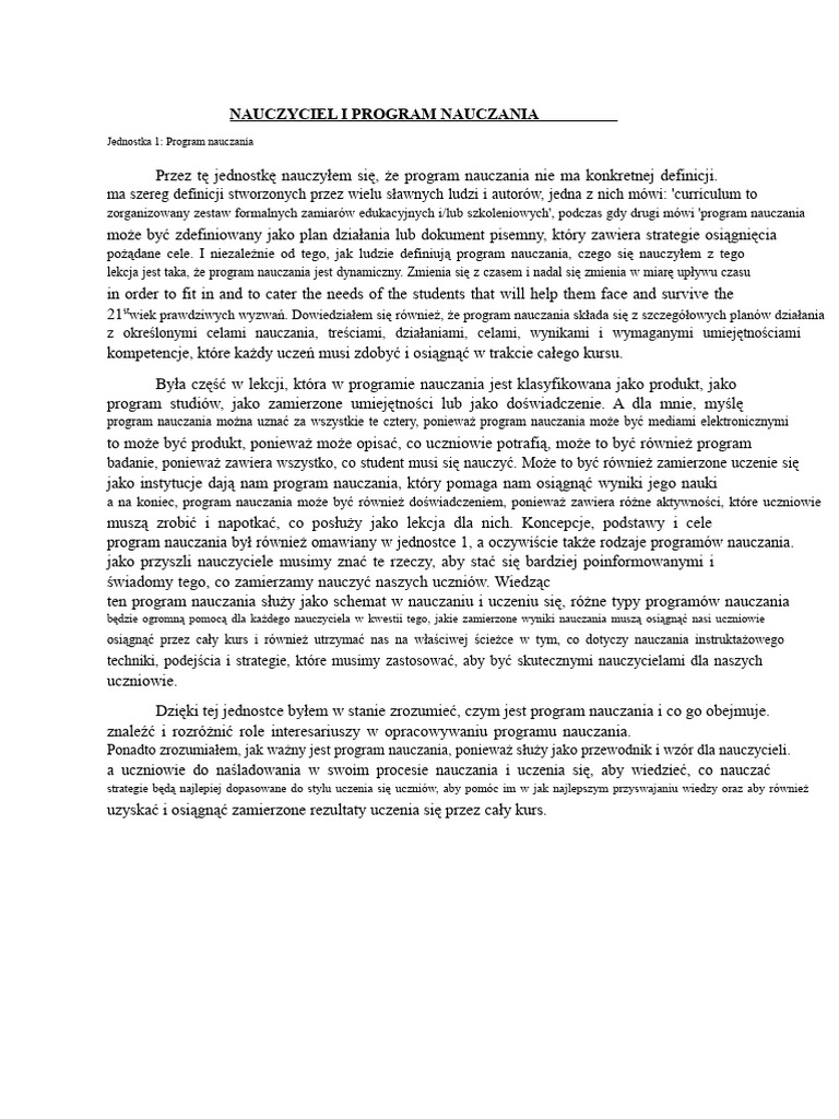 Program Nauczania (Refleksja) | PDF