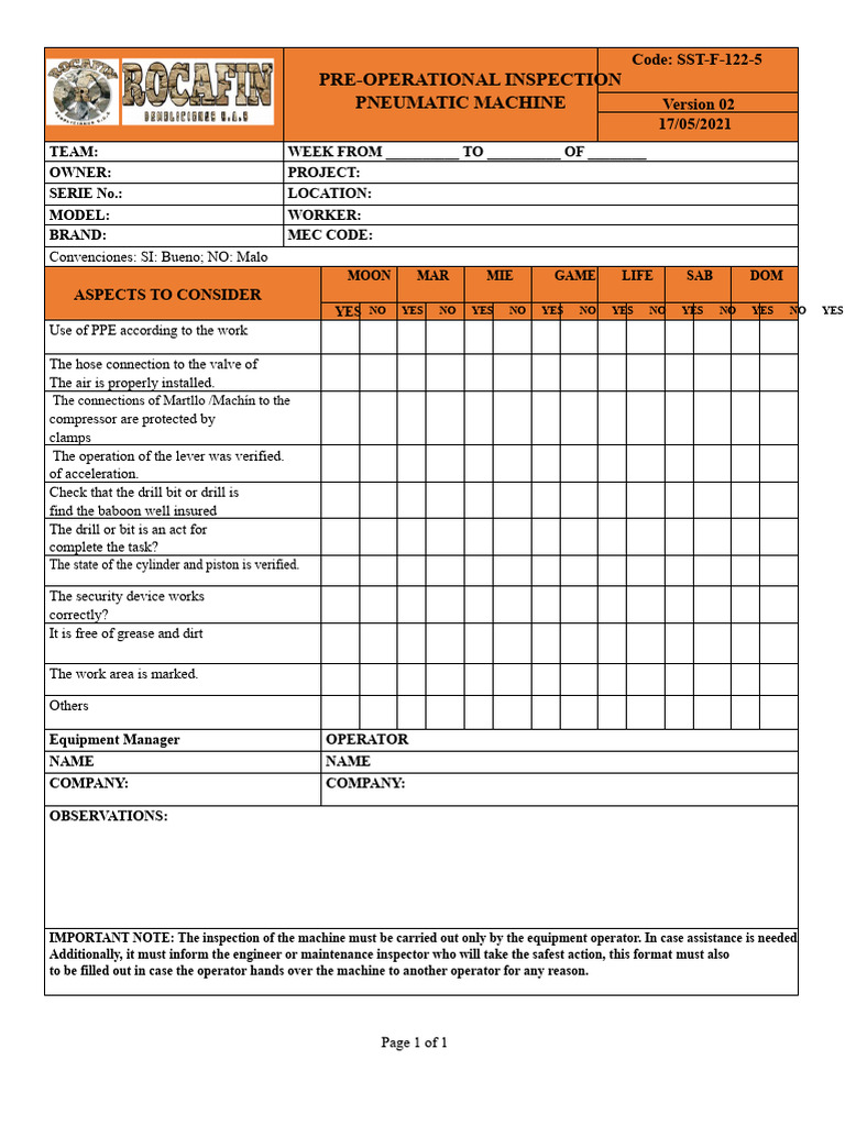 Appendix 122-5 Preoperational Inspection Machine | PDF