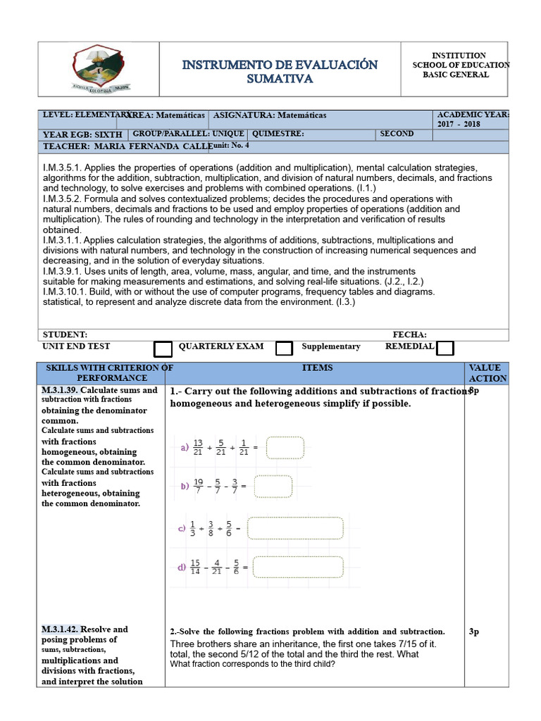 Fourth Quarter Evaluation Sixth Mathematics | PDF | Multiplication ...