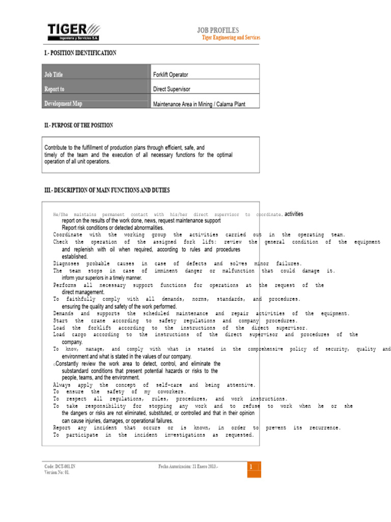 Dct 001 In Job Profile Forklift Operator Pdf Pdf Safety Forklift