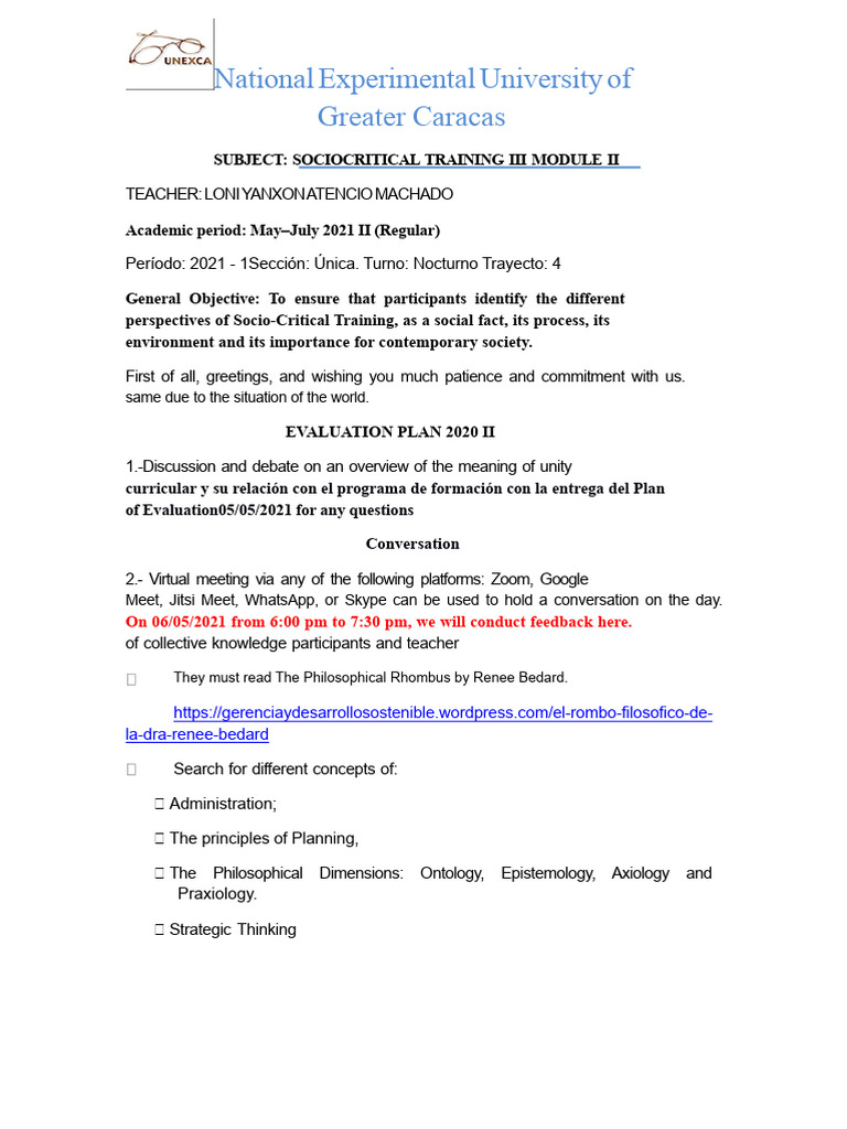 Evaluation Plan Socio-Critical Training III Module II | PDF | Thought ...