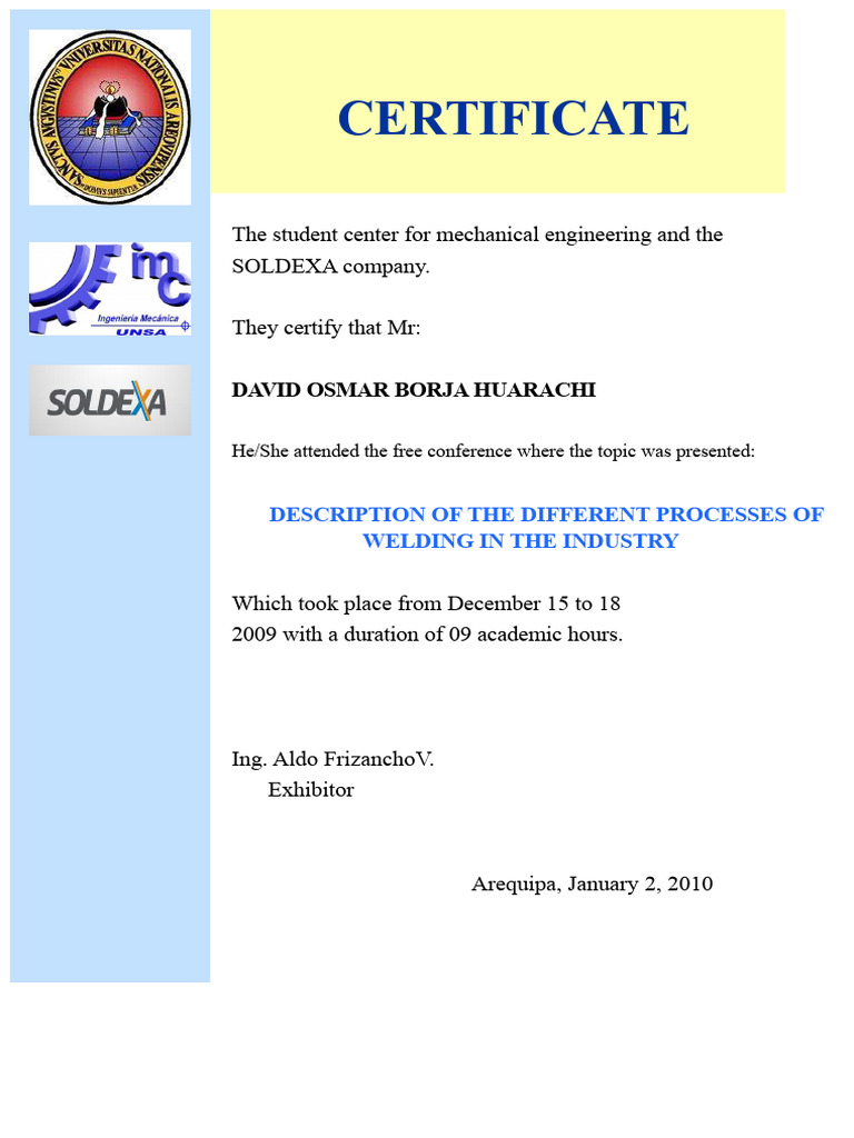 Welding Process Certificate | PDF