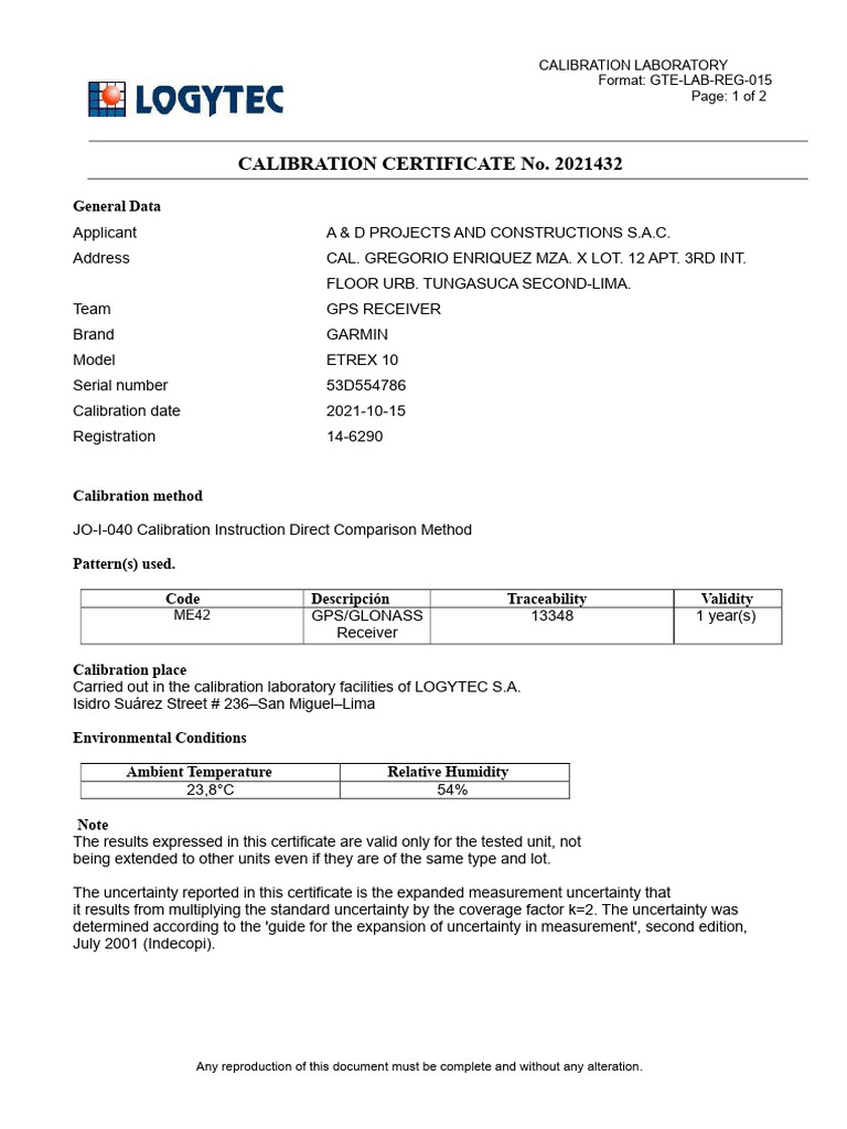 GPS Calibration Certificate | PDF | Calibration | Physical Quantities