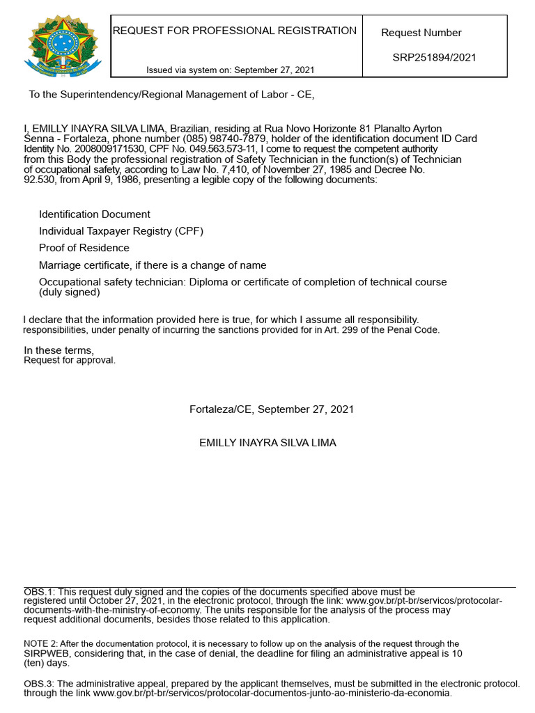 Request For Work Safety Registration | PDF