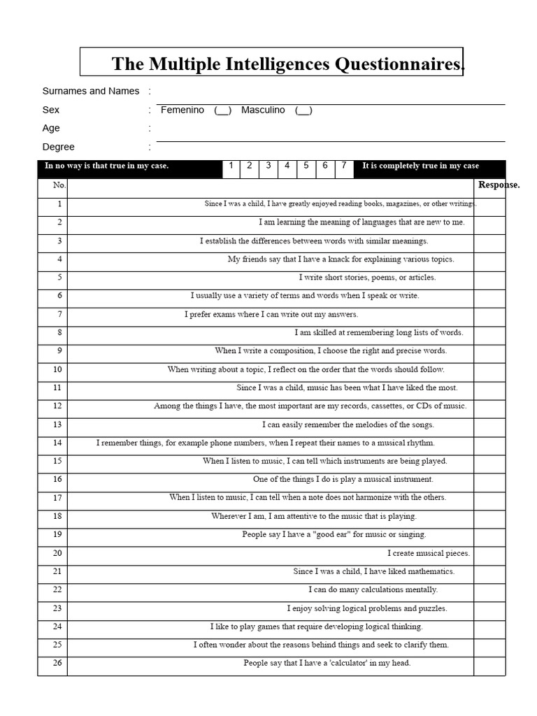 Multiple Intelligences Questionnaire | PDF | Behavioural Sciences ...