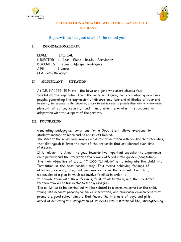 Plan For Preparation and Warm Welcome of Students | PDF | Teachers ...