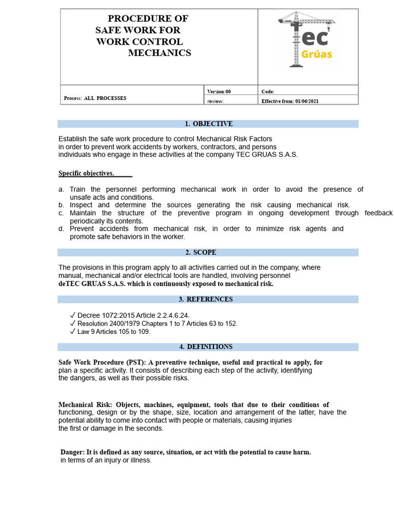 Safe Work Procedures for Mechanical Risks | PDF | Personal Protective ...
