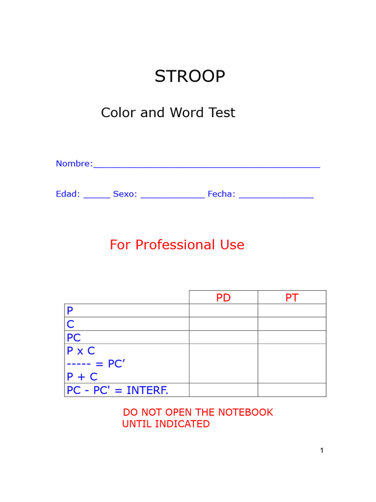 STROOP Color and Word Test Guide | PDF | Psychophysics | Behavioral ...