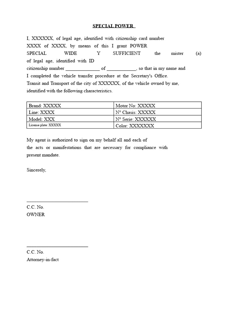 Special Power of Attorney To Transfer Vehicle | PDF