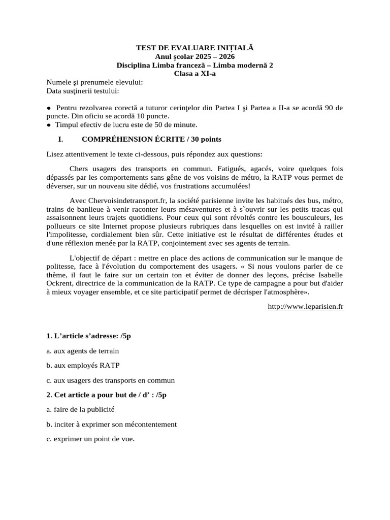 Test d'évaluation en français 2025-2026 | PDF