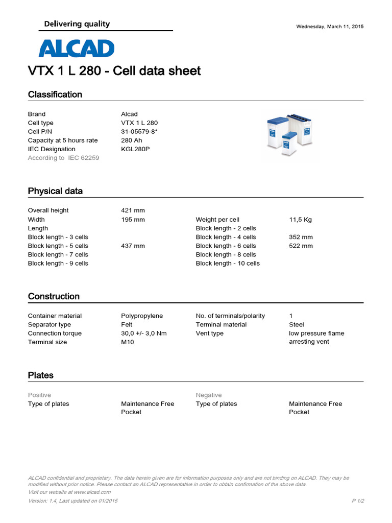 VTX 1 L 280 Cell Data Sheet | PDF | Electrical Components ...