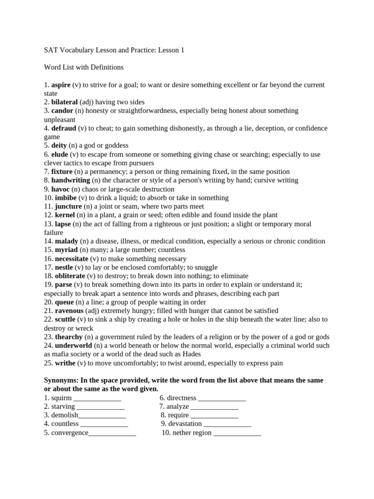 SAT Vocabulary Lesson and Practice | PDF
