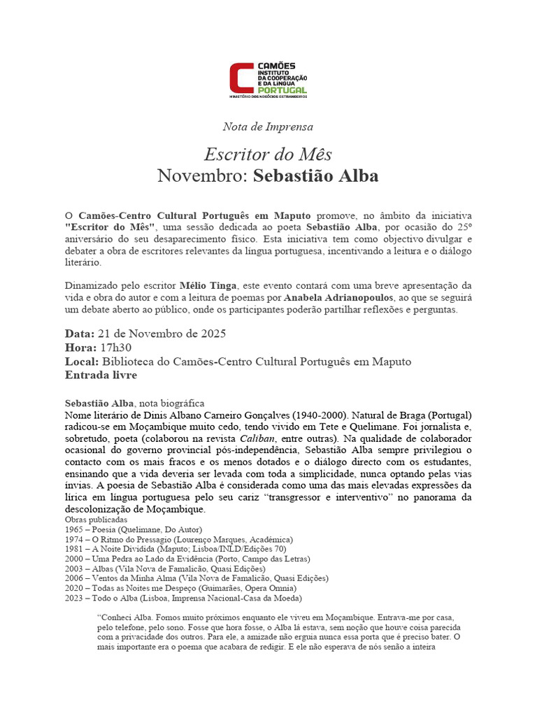Homenagem a Sebastião Alba em Maputo | PDF | Portugal | Moçambique