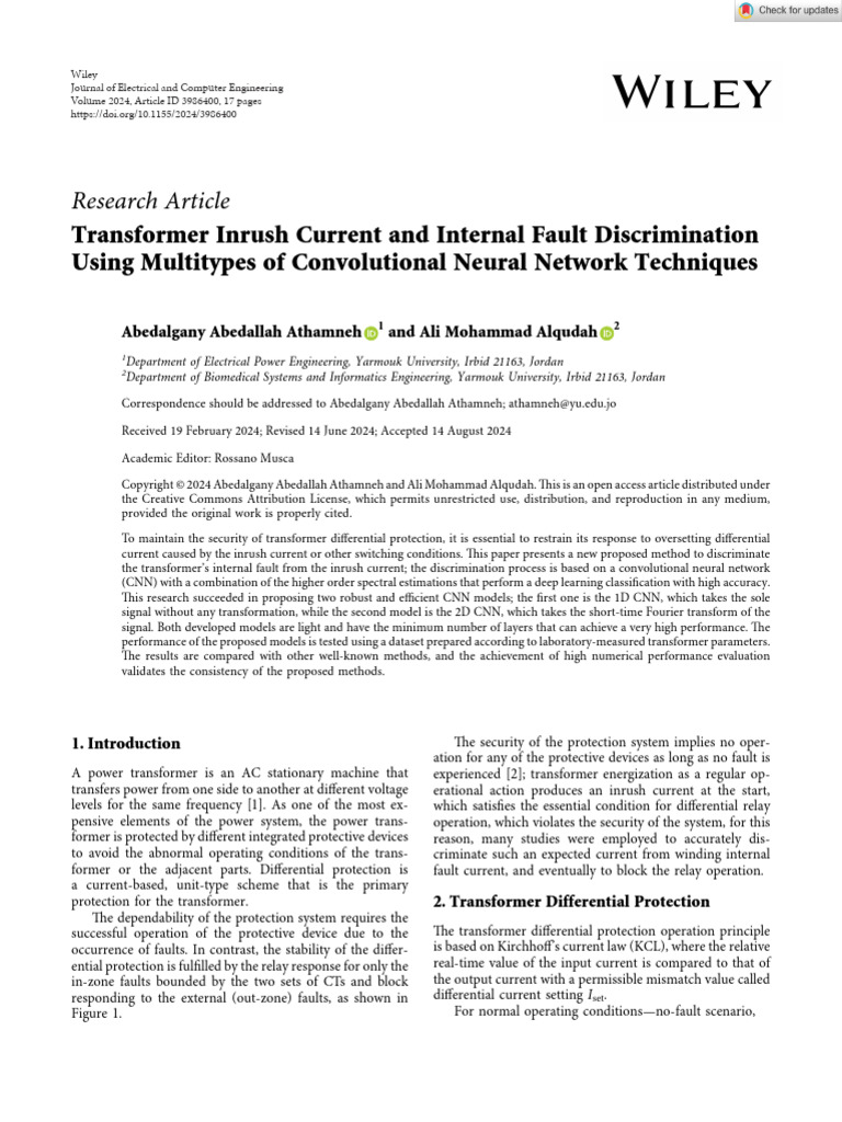 Journal of Electrical and Computer Engineering - 2024 - Athamneh - Transformer Inrush Current ...
