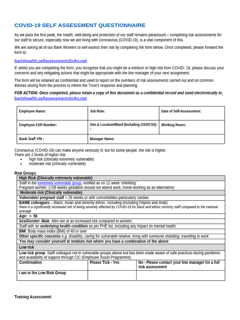COVID-19 Risk Self-Assessment Form | PDF | Risk | Personal Protective ...
