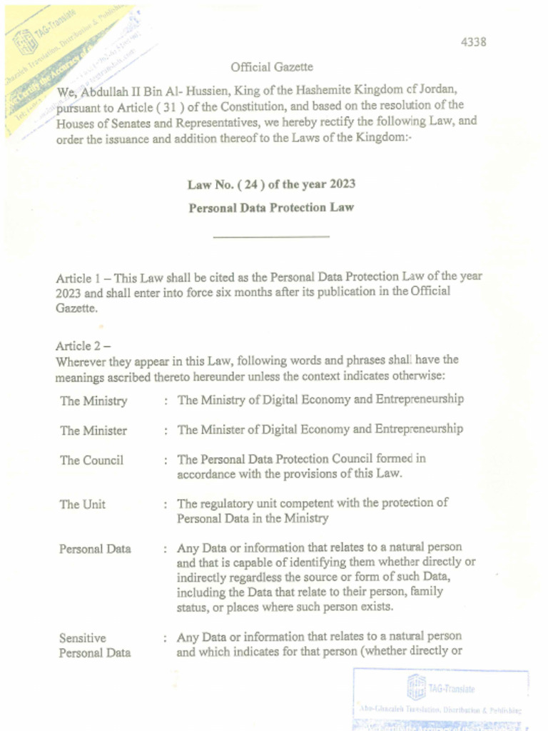 Official Translation of The Personal Data Protection Law No.24 of 2023 ...