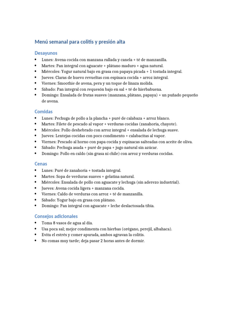Menu Colitis Presion Alta | PDF