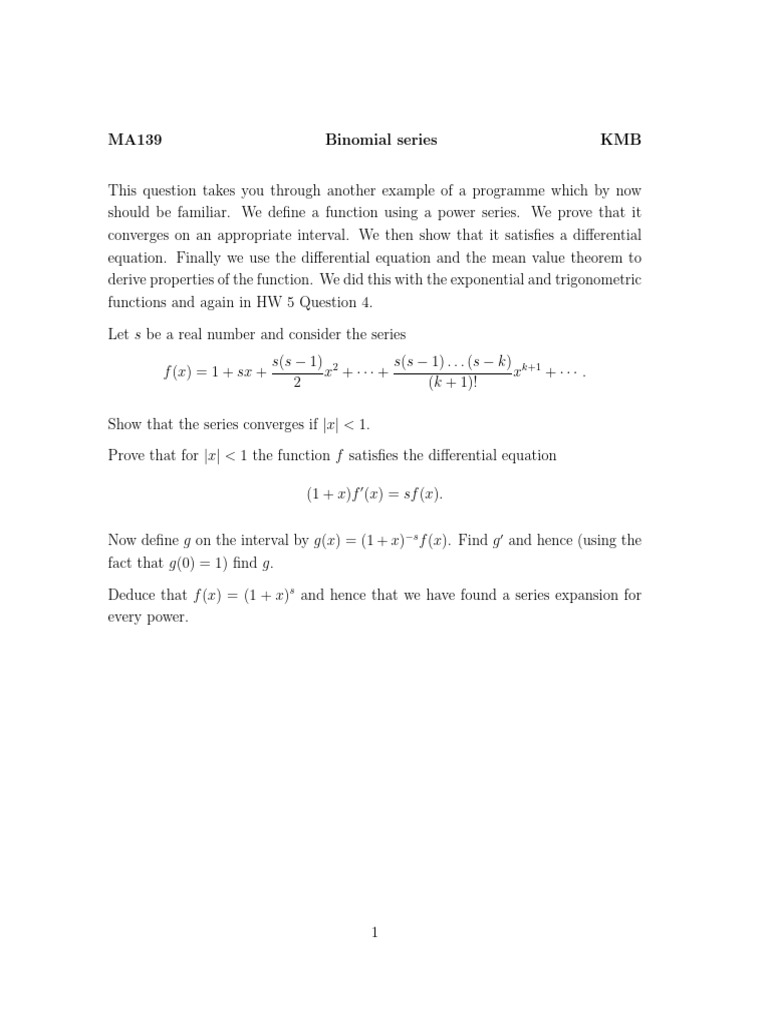 Binomial Series and Function Properties | PDF