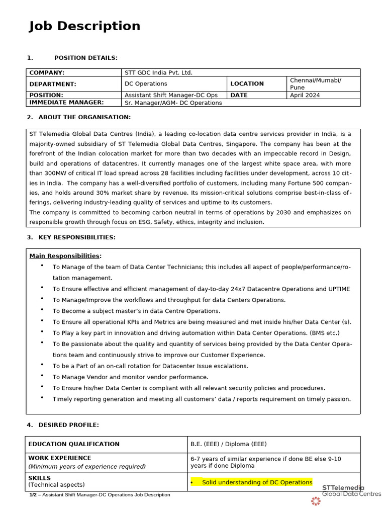 Assistant Shift Manager-DC Operations - JD | PDF | Data Center | Business