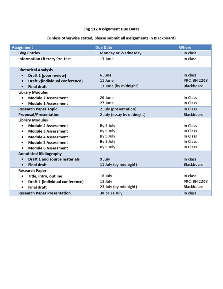 Assignment Due Dates | PDF | Language Arts & Discipline