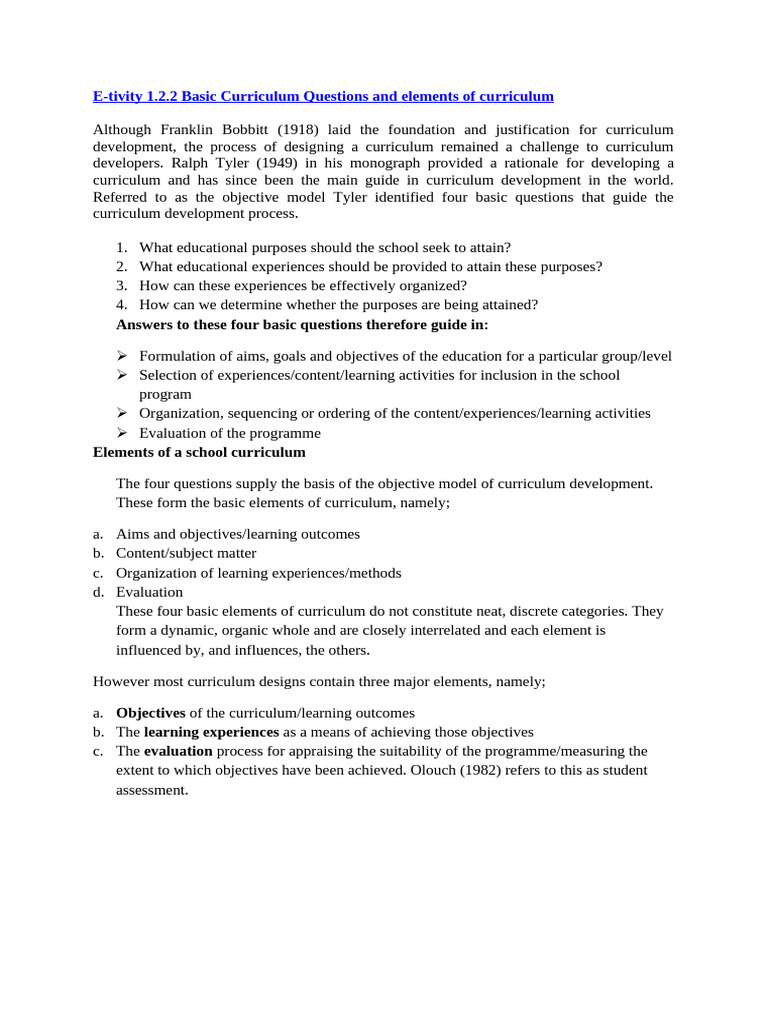 E-Tivity 1.2.2 Basic Curriculum Questions and Elements of Curriculum | PDF