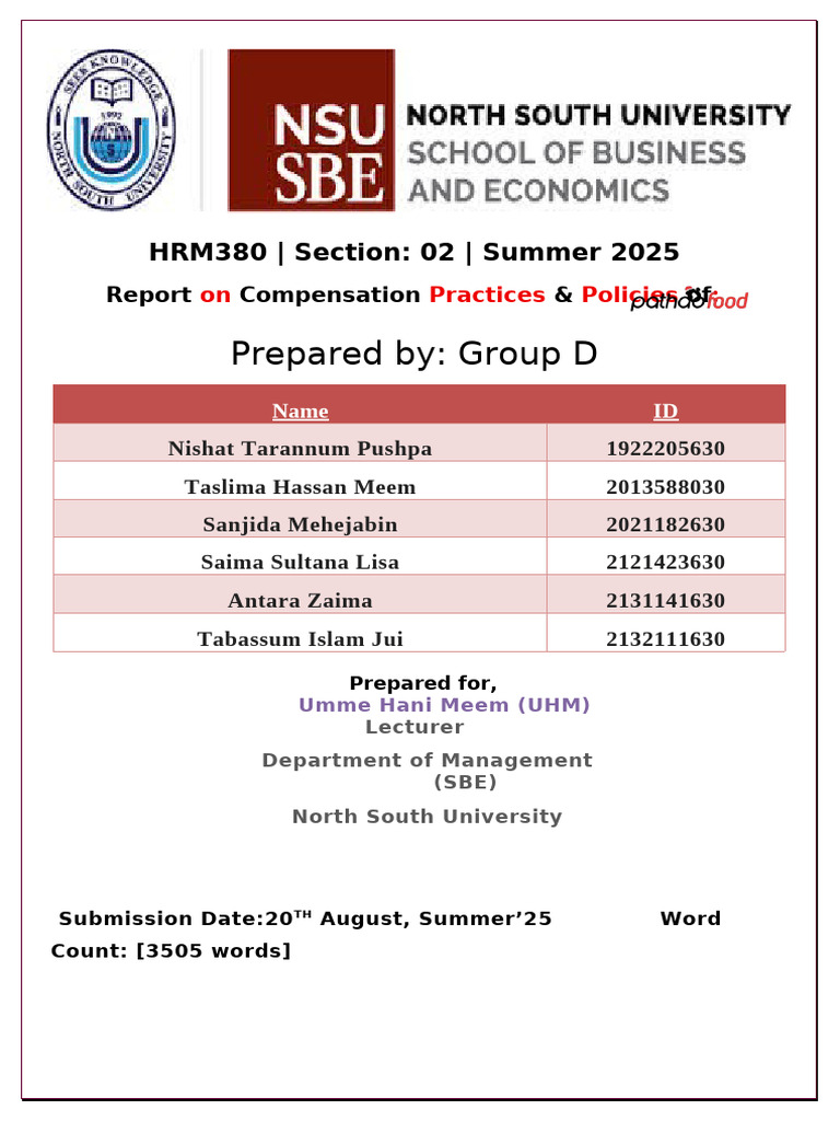 GROUP-D - Report On Compensation Practices & Policies of - HRM380 | PDF ...