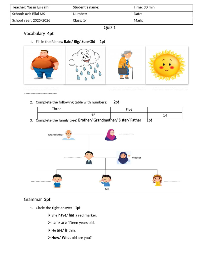 Grade 1 Vocabulary and Grammar Quiz | PDF