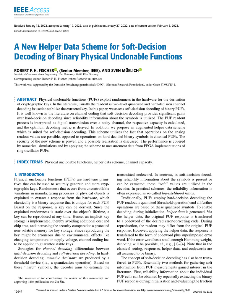 A New Helper Data Scheme For Soft-Decision Decoding of Binary Physical ...
