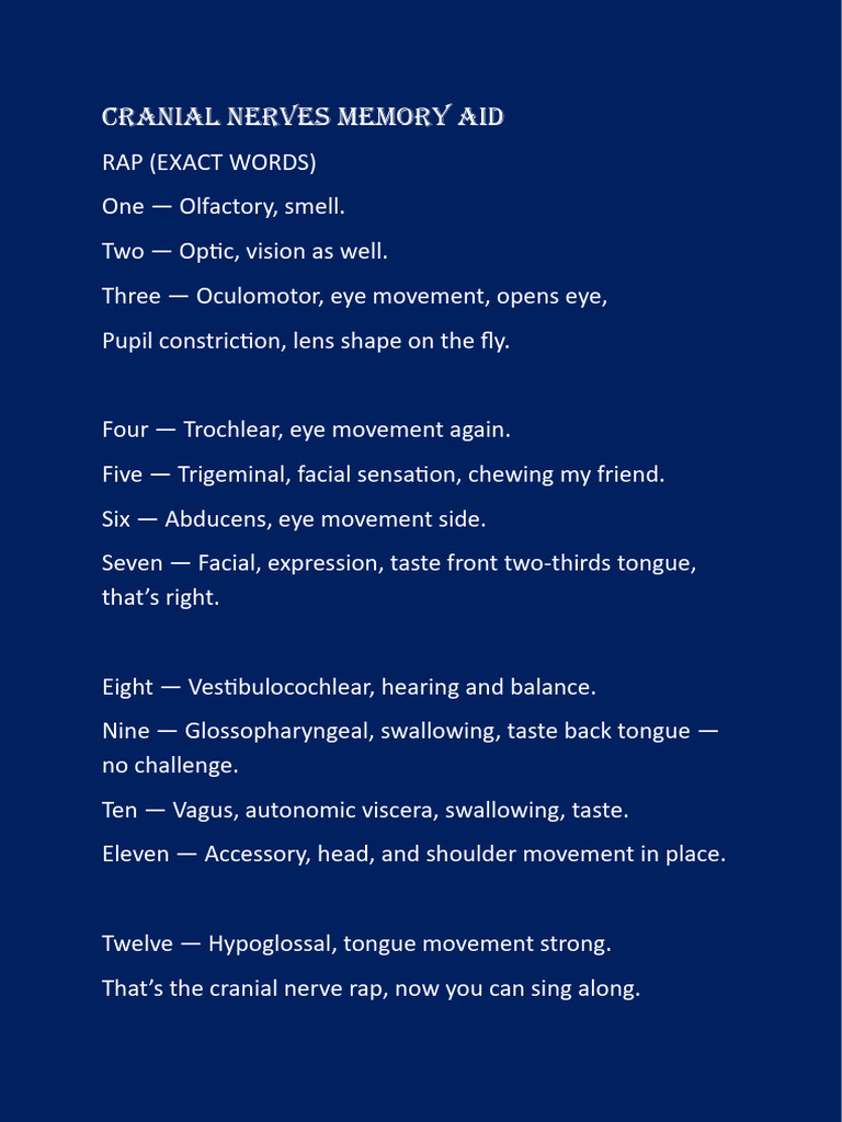 Cranial Nerves Memory Aid | PDF | Sensory Organs | Otorhinolaryngology