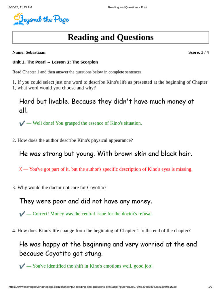 Reading and Questions - Print | PDF