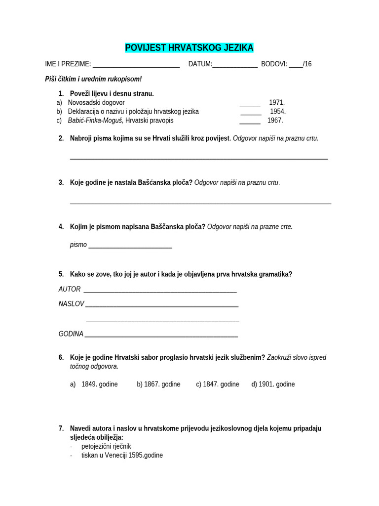 Ispit Povijest Hrvatskog Jezika 7 r Pp Compress | PDF