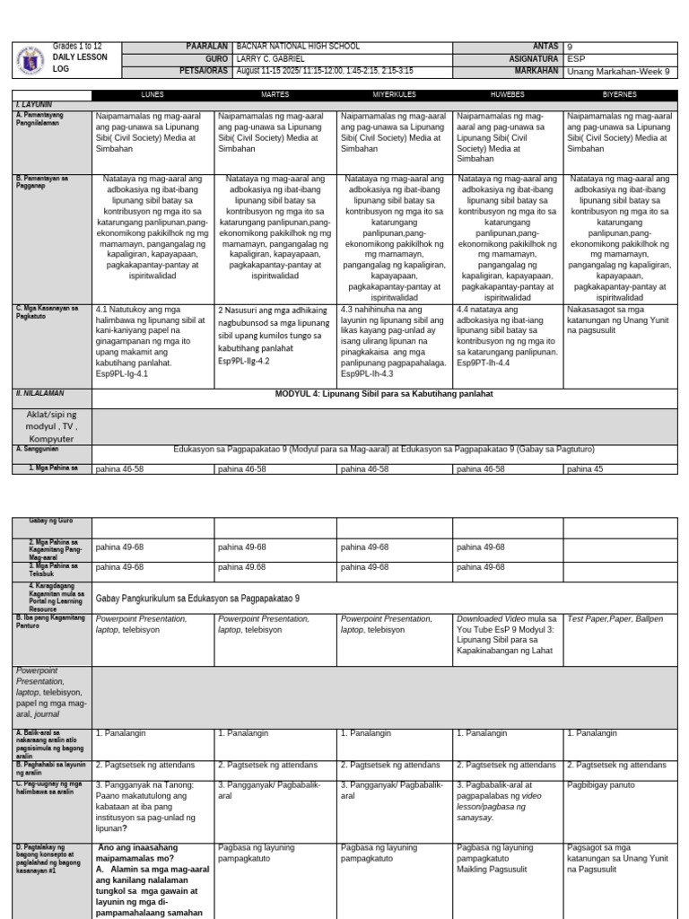 Dll Esp 9 q1-Week 9 | PDF