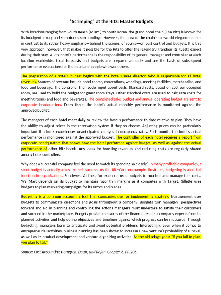 Ritz Carlton - Budgeting Note | PDF | Budget | Hotel