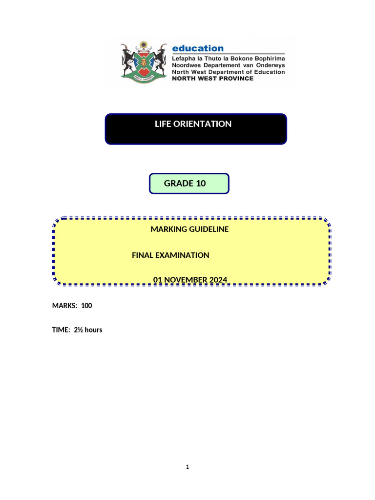 Memo Grade 10 Final Exam 2024 | PDF | Adolescence