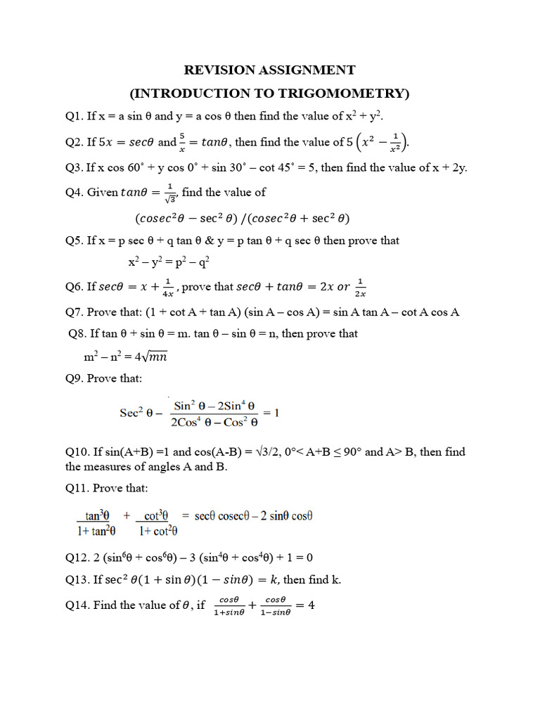 Revision Assignment Trigonometry | PDF